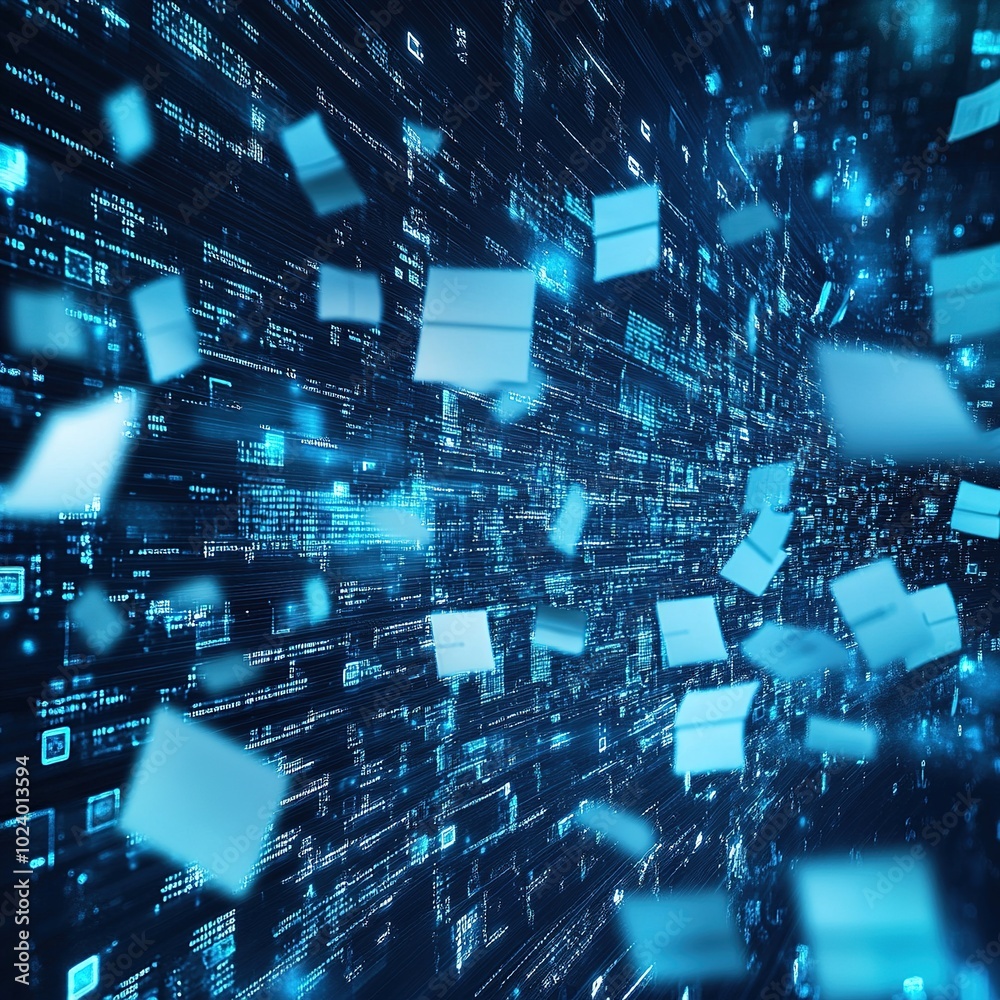 The digital background of data and codes, with paper notes floating in ...