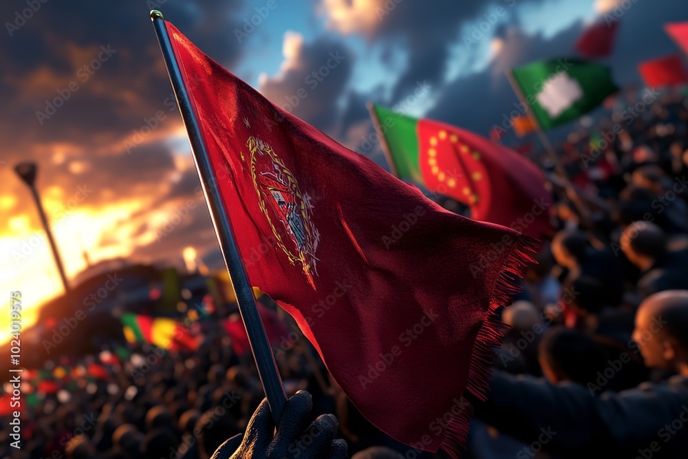 Hyper-realistic crowd holding flags at a national event, where the ...