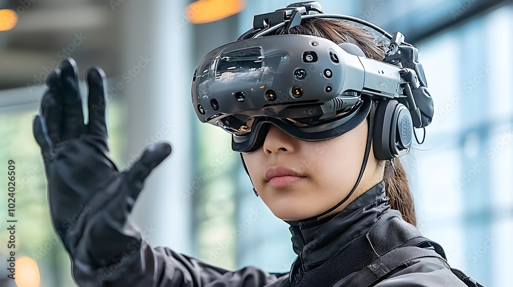 A person wearing a futuristic high tech suit is testing and exploring a ...