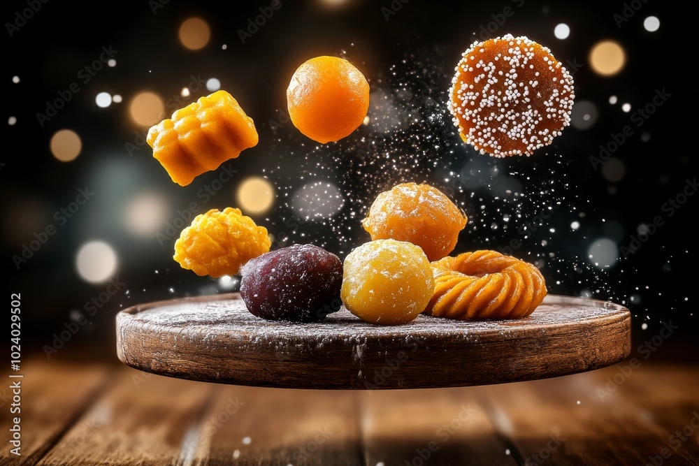 3D-rendered mithai platter, with gulab jamuns, barfi, and jalebis ...