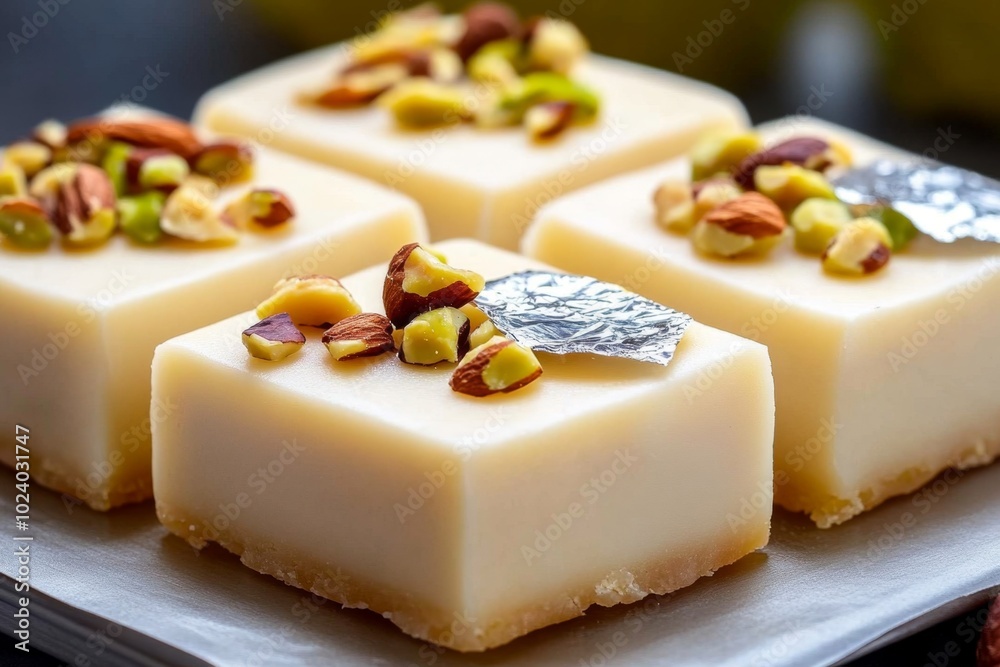 Detailed barfi close-up, showing the smooth, creamy surface, silver ...