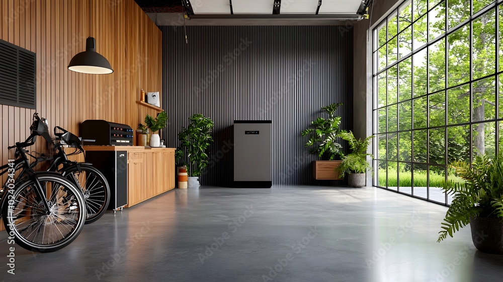 Contemporary garage interior showcasing a mounted energy battery pack ...