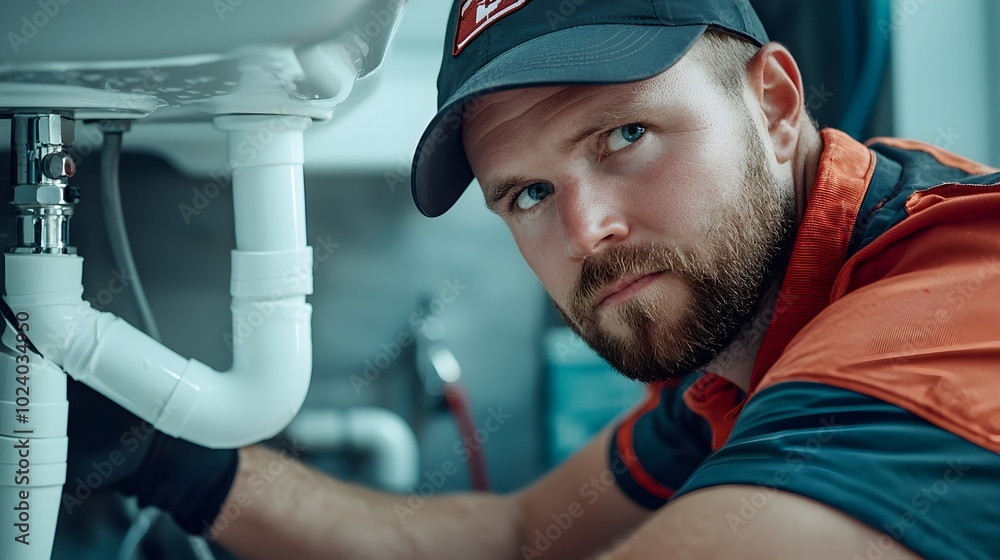 Handsome male plumber in a uniform and cap kneeling down under a ...