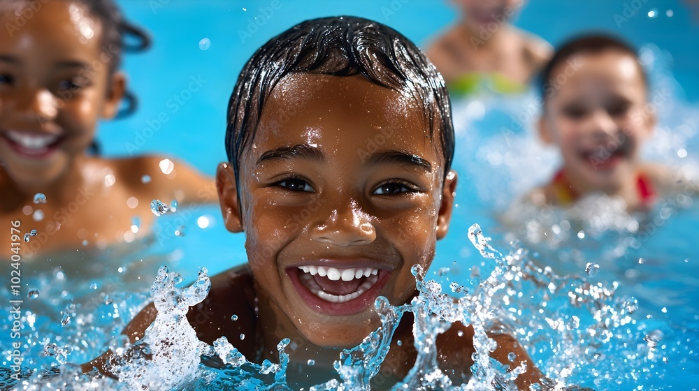 Group of diverse children happily splashing and playing in a swimming ...