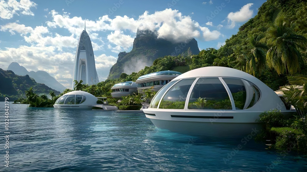 Futuristic metropolis with water powered buildings hydro centric ...