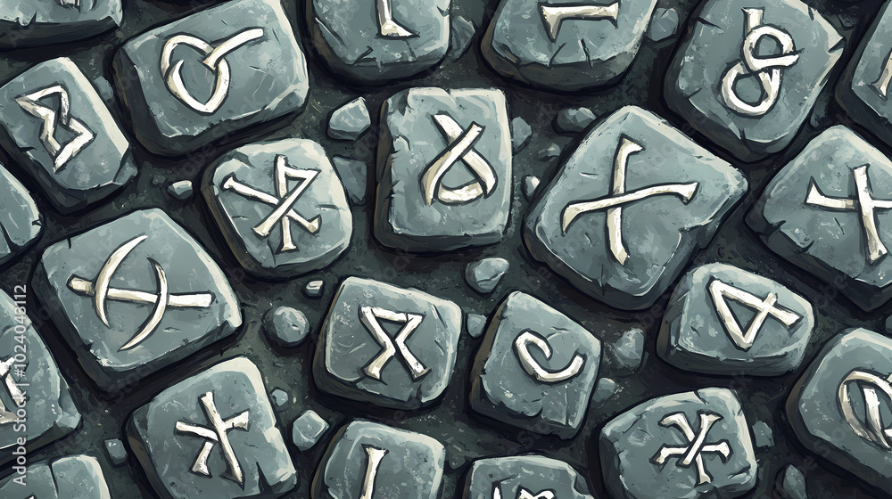 Celtic font with ancient runic signs on grey rock pieces. characters in ...