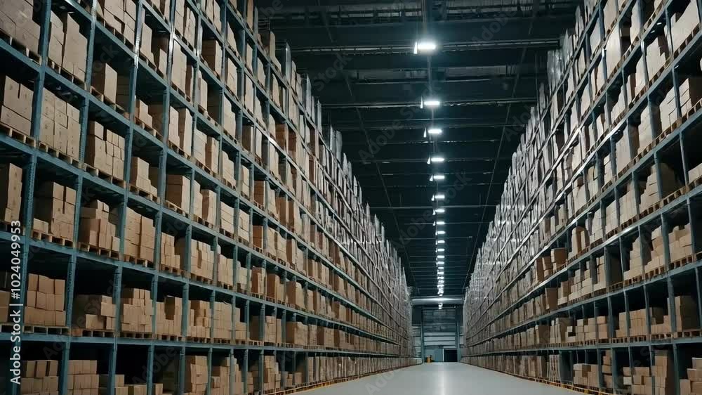 A logistic warehouse interior filled with shelves stacked high with ...