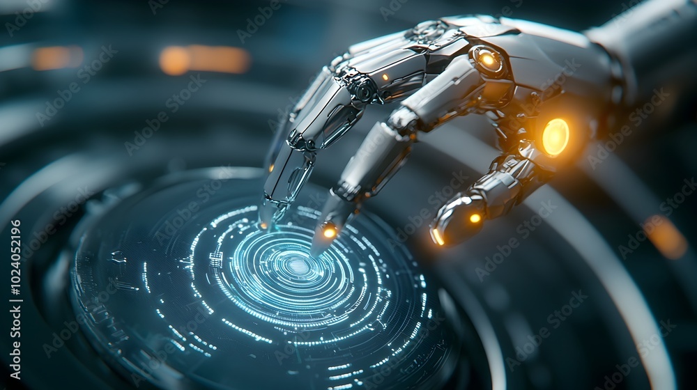 Sleek monochromatic top view of an AI powered robotic arm interacting ...