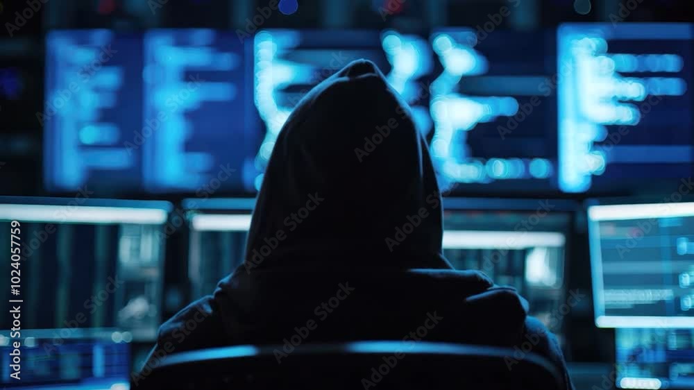 Anonymous Hacker in Dark Room with Multiple Computer Screens Displaying Code and Data สต็อก ...