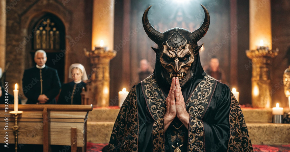 demon praying in underground hellish church with terrified priests ...