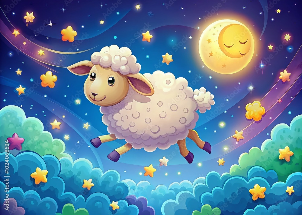 Adorable sheep leap through a starry night sky, creating a whimsical ...