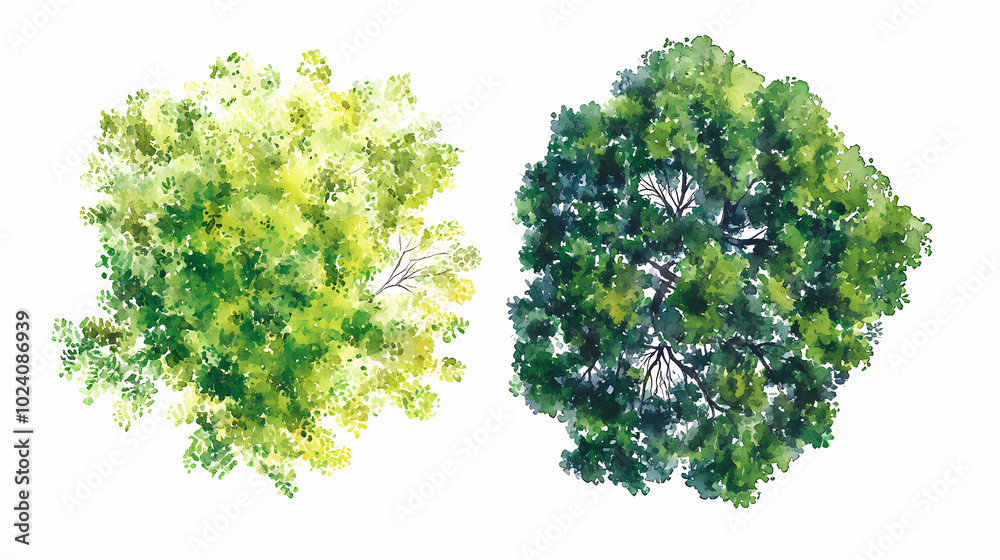 Vector tree top watercolor hand drawn view isolated on white background ...