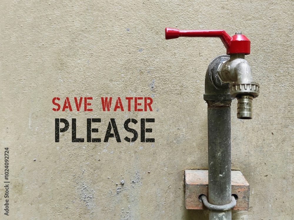Red tap with text notice on the wall SAVE WATER PLEASE , to warn people ...