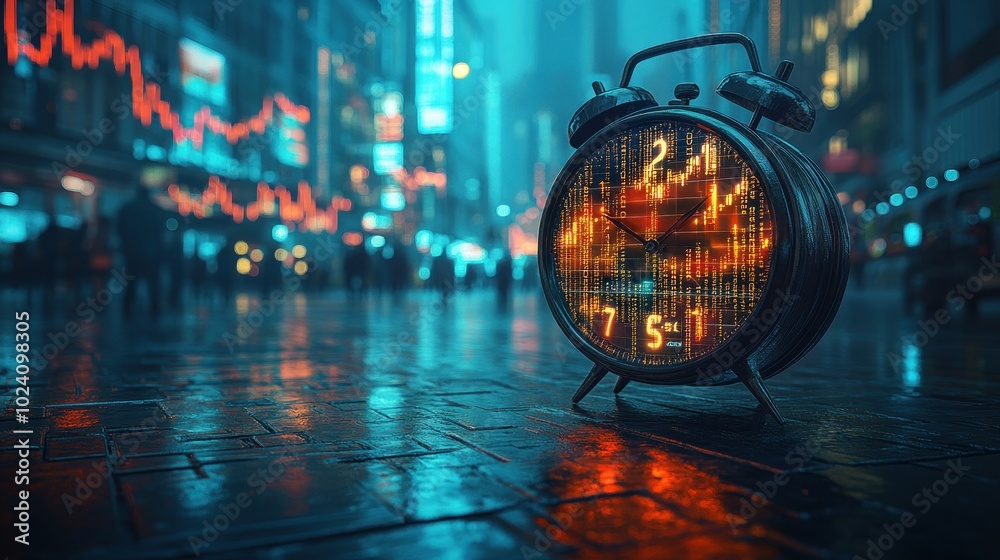 An alarm clock with a stock market graph inside sits on a wet city ...