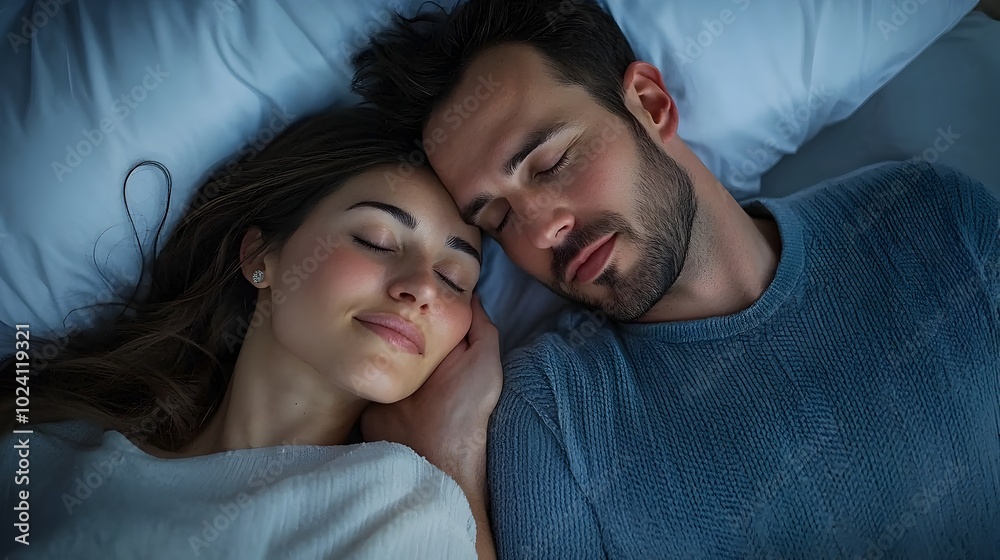 Loving couple embracing in bed husband protectively holding wife in ...