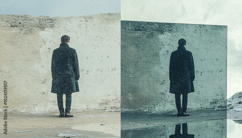 A series of diptych images showing the same person in two different ...