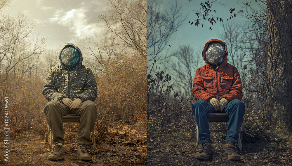 A series of diptych images showing the same person in two different ...