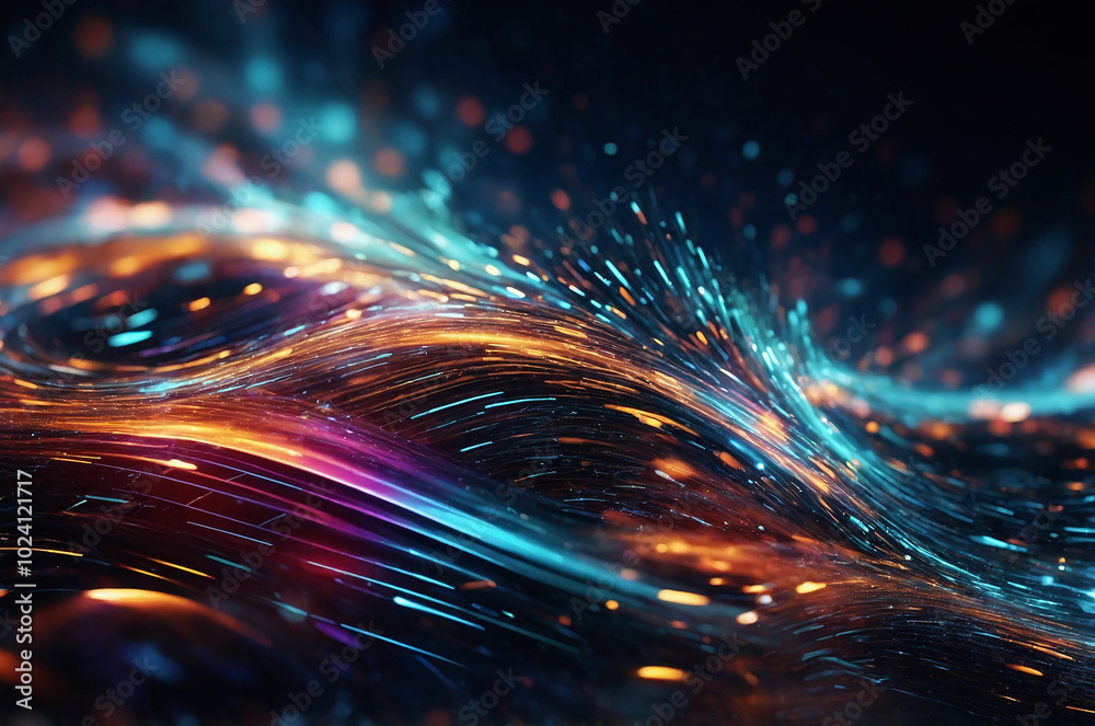 Abstract tech background with swirling particle effects and light ...