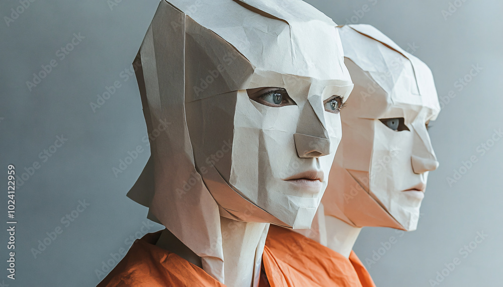 Photograph people wearing masks made from paper, with the masks ...