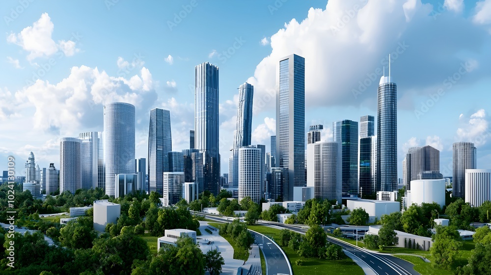 Panoramic view of a towering and technologically advanced skyline of a ...