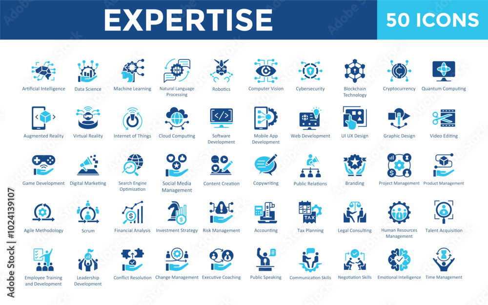 Expertise icon set with artificial intelligence, data science, machine ...