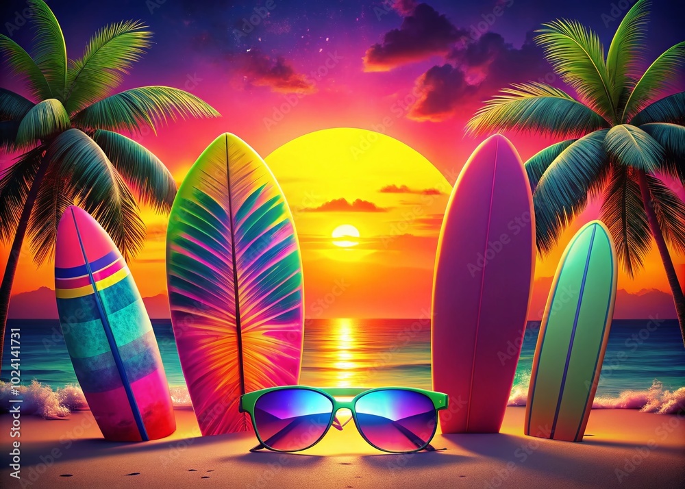 Retro 90s Beach Party Banner with Neon Sunglasses, Surfboards, and ...