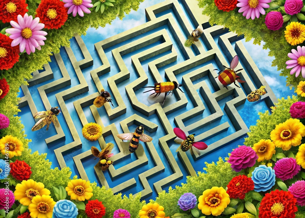 Silhouette Maze Game with Bees and Flowers - Engaging Coloring Page ...