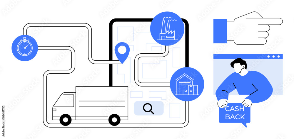 Delivery truck on route map, GPS pinpoints factories and homes ...