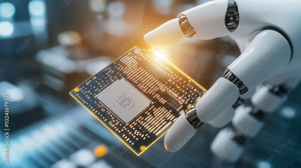 A robotic hand grips a tiny computer chip. This represents the power of ...