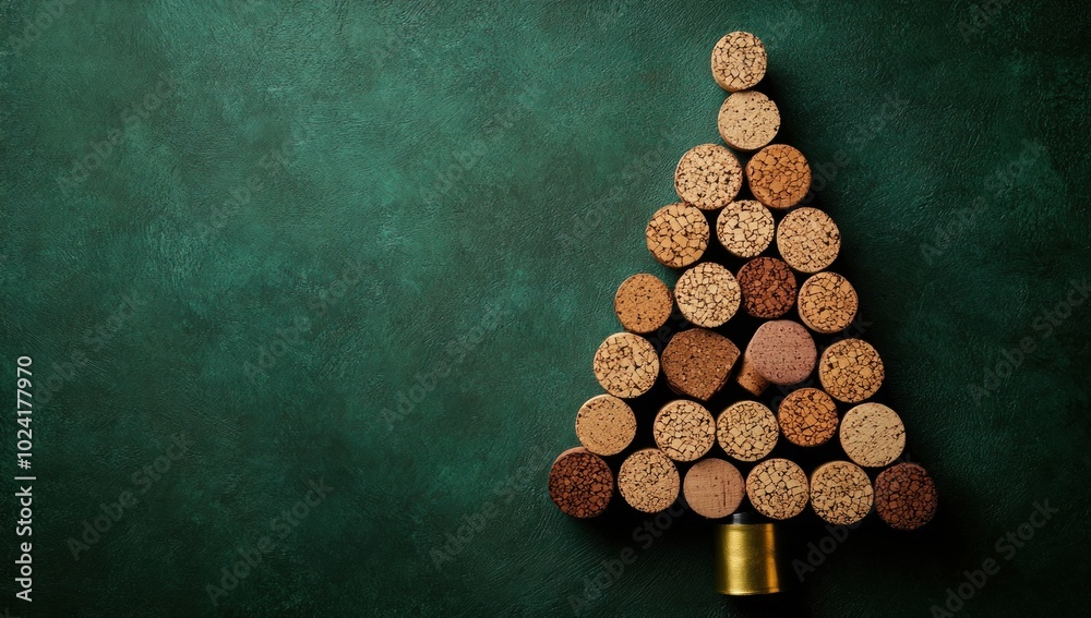 Christmas tree made of corks on a dark green textured background ...