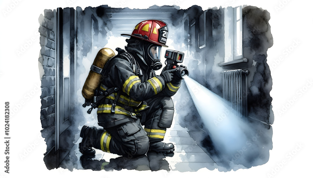 Watercolor illustration portrait of A firefighter navigates through a ...
