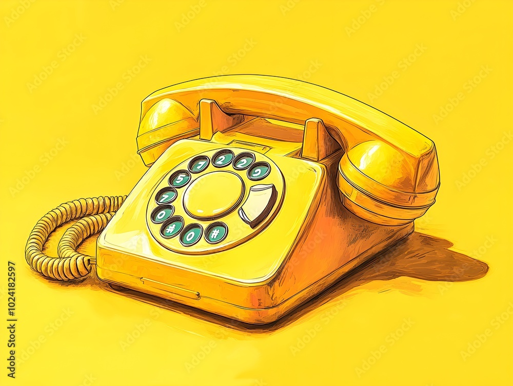 A classic yellow rotary dial telephone set against a vivid yellow ...