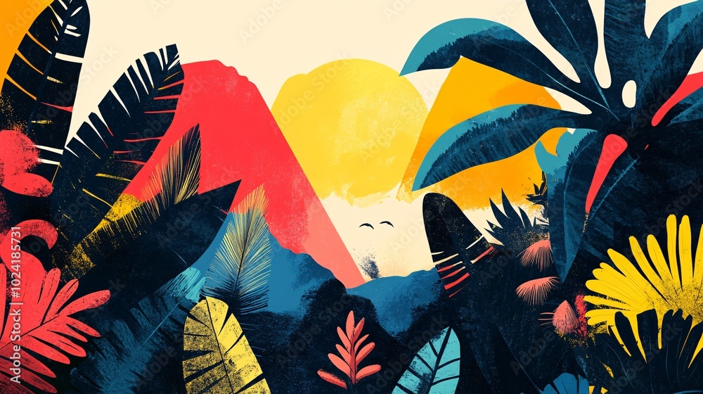 stylized nature vignettes, bold graphic design approach, layered ...