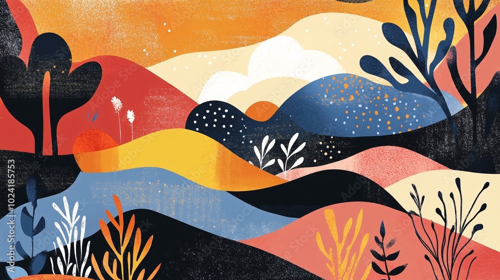 stylized nature vignettes, bold graphic design approach, layered ...
