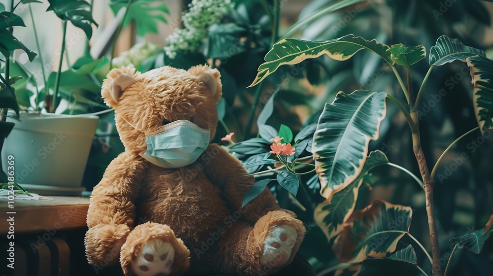 a large confined teddy bear wearing mask sitting behind a pretty ...