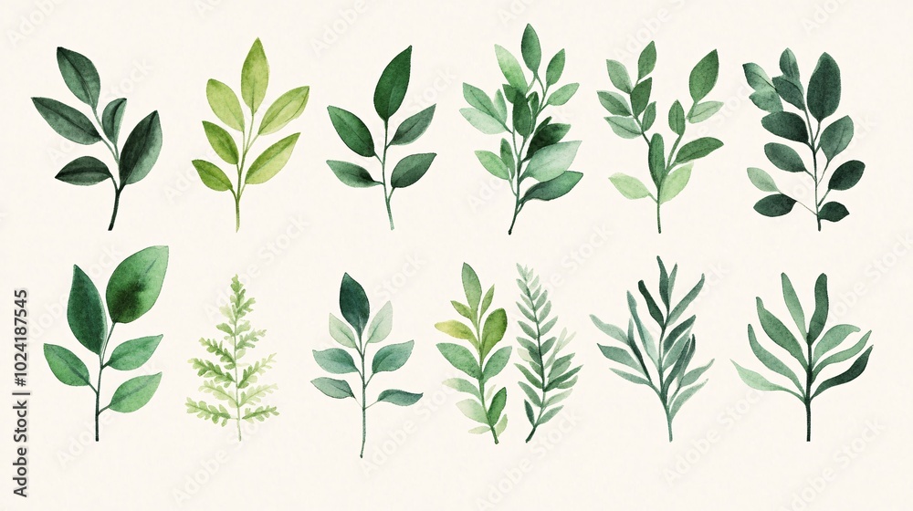 2410_077.collection of plant foliage, simplified geometric leaves ...
