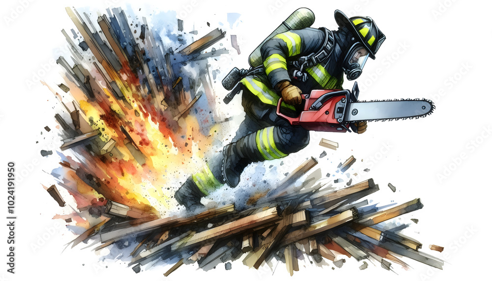 Watercolor illustration portrait of A firefighter sprints toward a ...