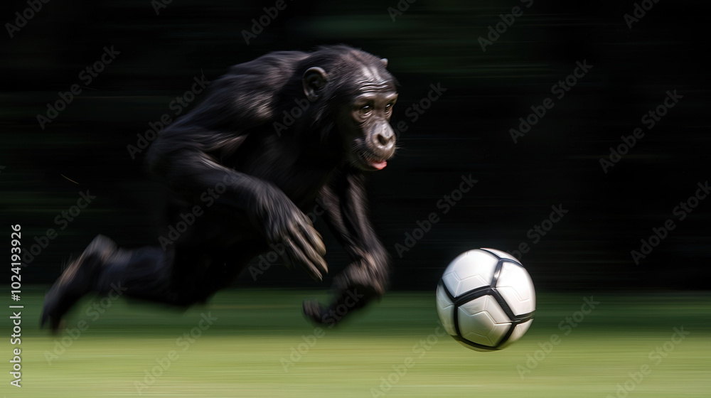 playful primate is captured in motion, energetically chasing soccer ...