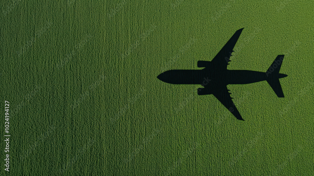 Aerial view of airplane shadow cast on vibrant green field, showcasing ...