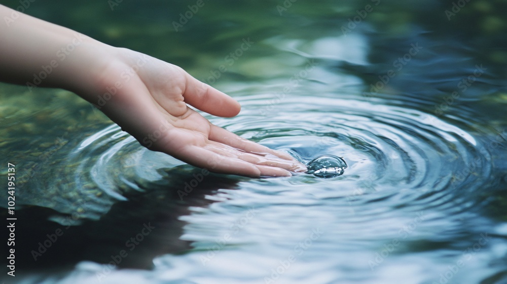 2410_196.delicate fingers touching calm water surface, rippling reflection, soft focus ...