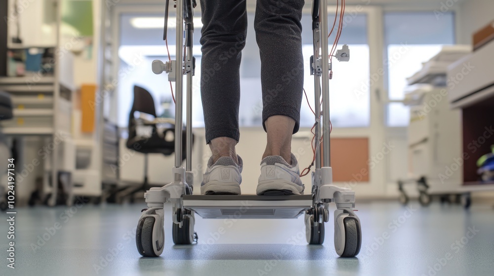 An elderly patient using a lightweight walker with built-in sensors ...