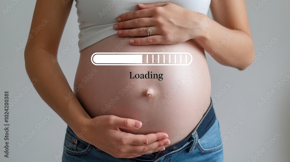 Pregnant woman showing baby loading progress on her belly. Stock Photo ...
