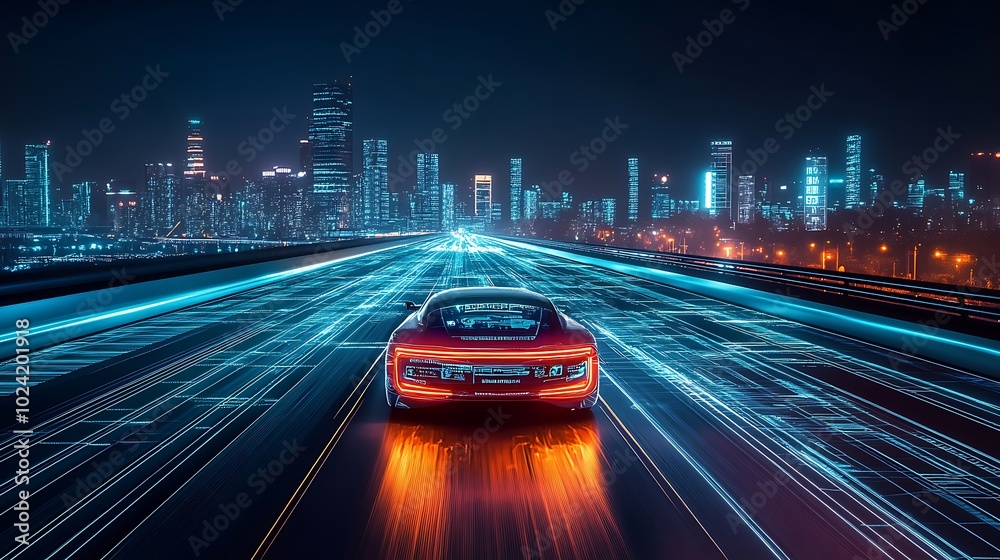 Autonomous car with sleek design on a high-tech highway, data streams ...