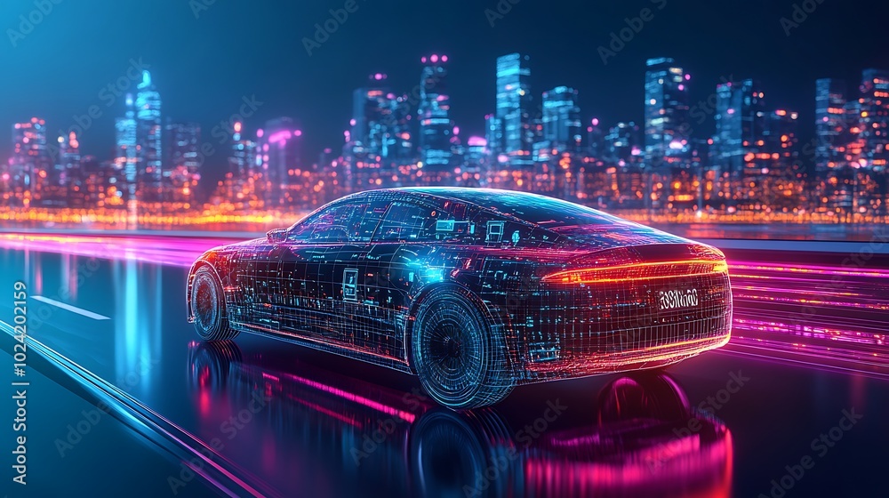 Autonomous car with sleek design on a high-tech highway, data streams ...