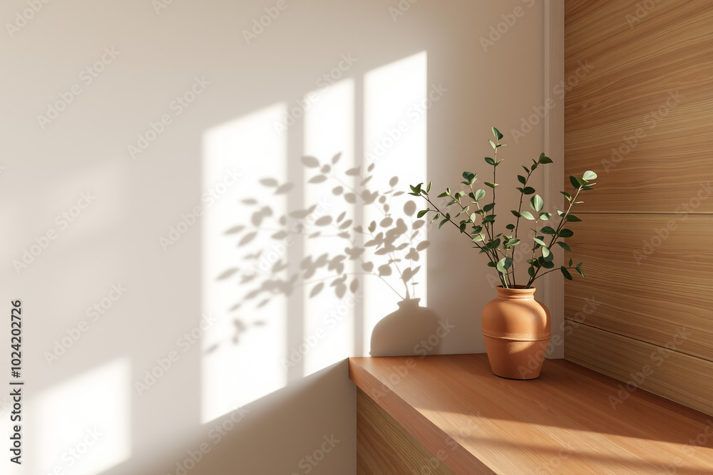 Minimalist Indoor Scene with Wooden Countertop and Green Leafy Vase ...
