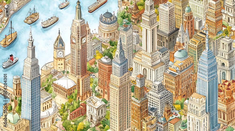 Ilustrace „Cartoon drawing doodle map of Manhattan, New York City, NYC ...