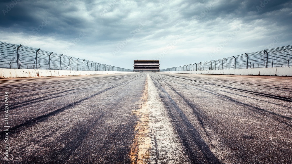 Wide perspective of an empty racetrack under a dramatic sky, showcasing ...