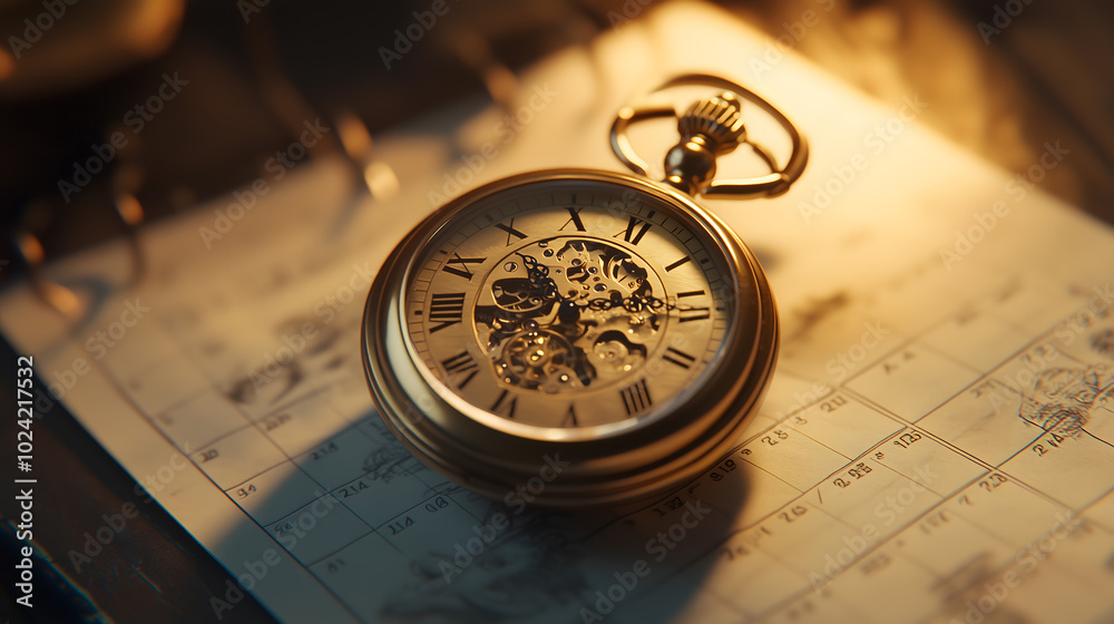 Vintage golden pocket watch with visible mechanism on calendar, time ...