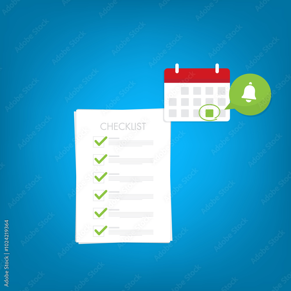 Check list document with a notification and calendar, paper check list ...