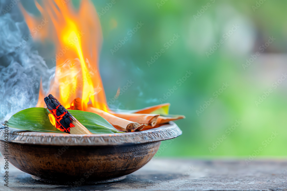 A side view of a havan kund sacred fire pit with offerings being made ...